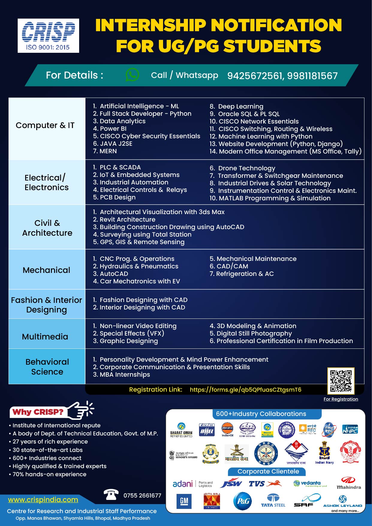 CRISP - Internship Notification for UG/PG Students